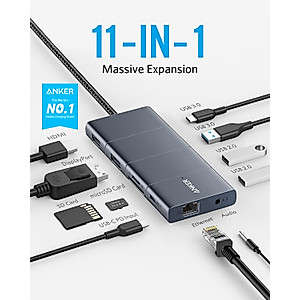 Anker USB C Hub, PowerExpand 11-in-1 Docking Station, with 4K@60Hz HDMI and DP, 100W Power Delivery, USB-C and 3 USB-A Data Ports, 1 Gbps Ethernet, 3.5mm Audio, microSD and SD Card Reader