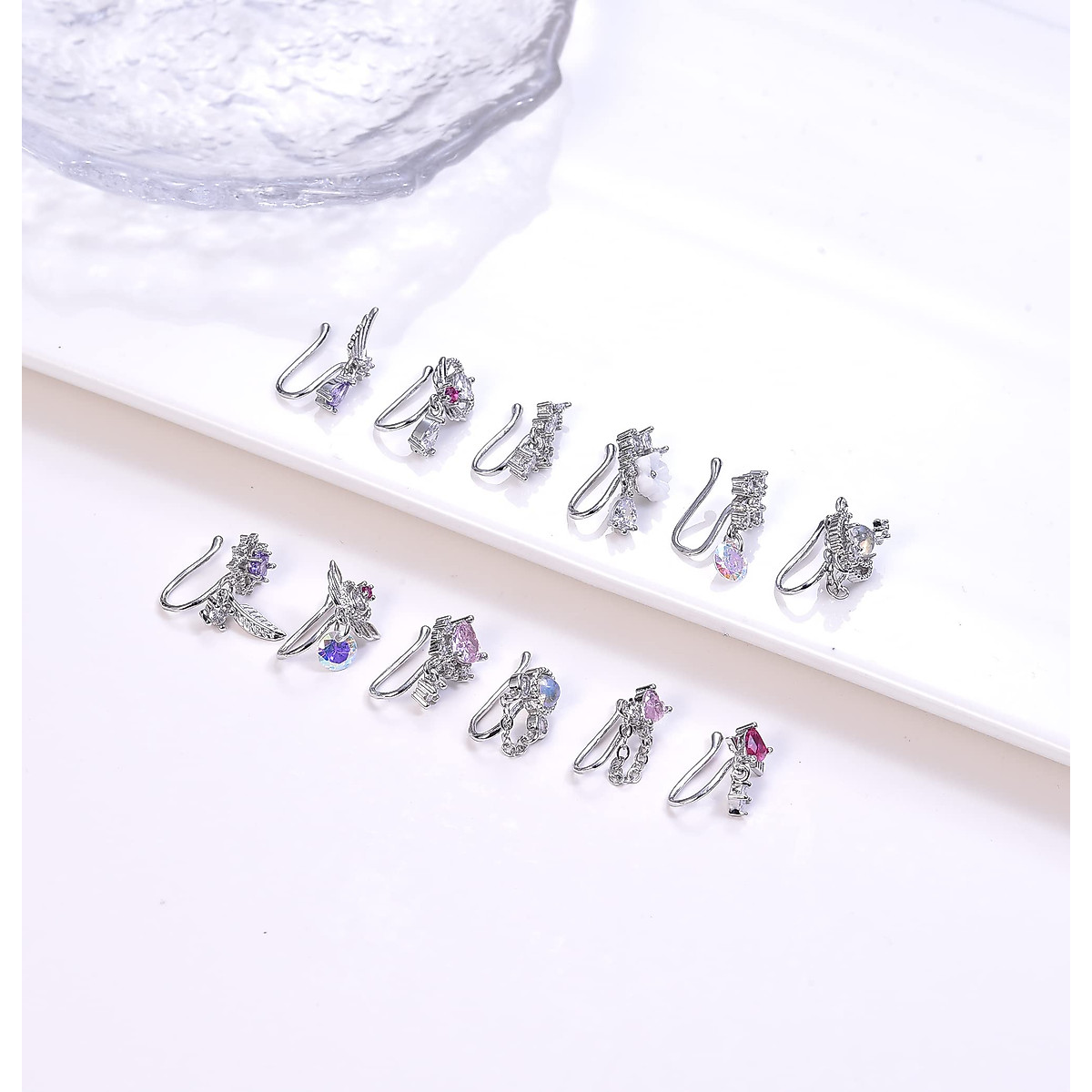 PLOMFOV 12Pcs Fake Nose Ring for Women Dangling Nose Cuffs Faux Clip on Nose Ring for Non Pierced Nose Silver