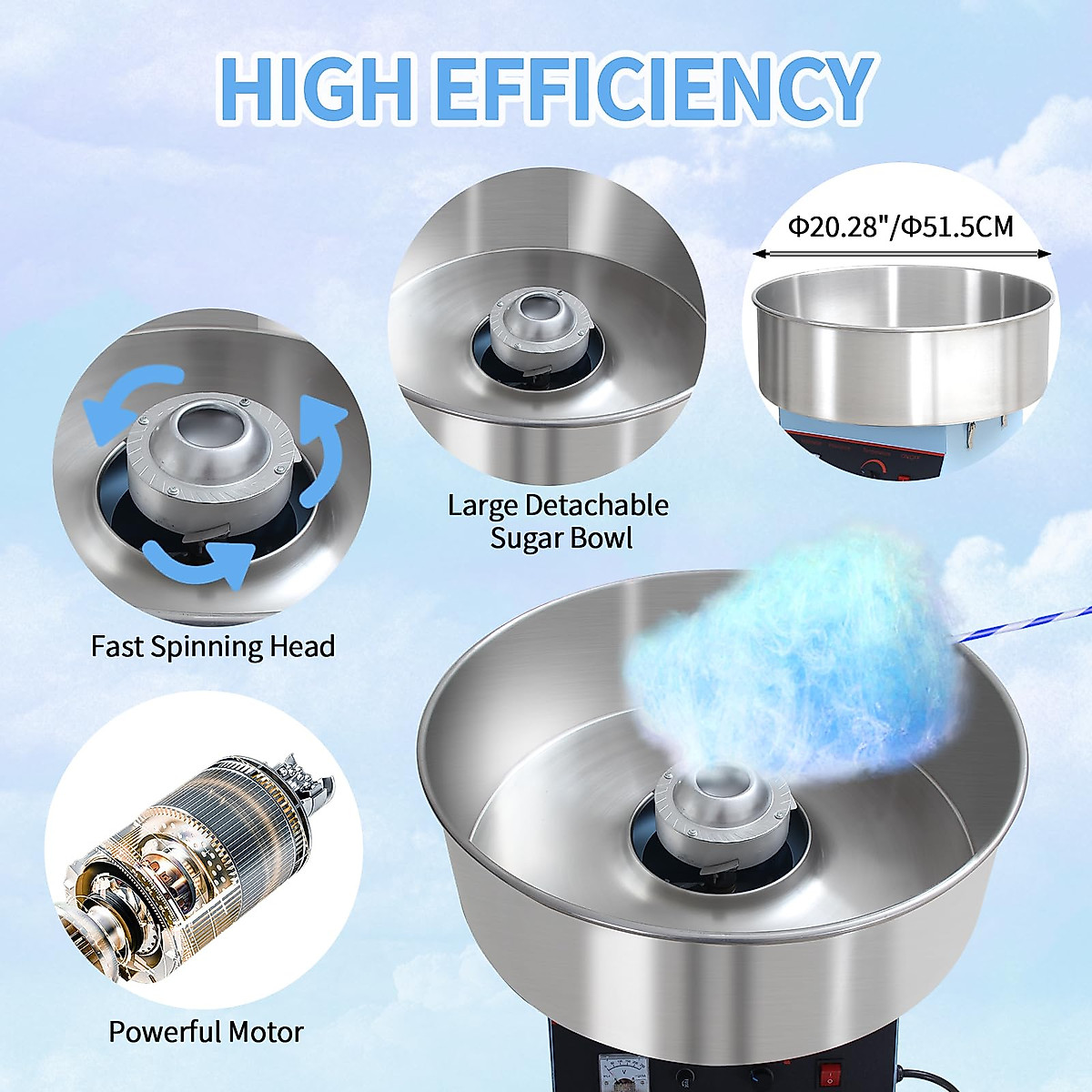 KODOM Cotton Candy Machine 1050W, Electric Commercial Cotton Candy Maker w/Stainless Steel Bowl, Candy Floss Machine Gift for Kids Birthday Family Party Halloween Christmas Festivals Blue