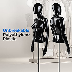 SereneLife Female Mannequin Torso, Adjustable Height and Detachable Arms Dress Form Display with Metal Stand, Glossy Black, for Sweaters, T-Shirts, Jackets, Dresses, Blouses, Tops