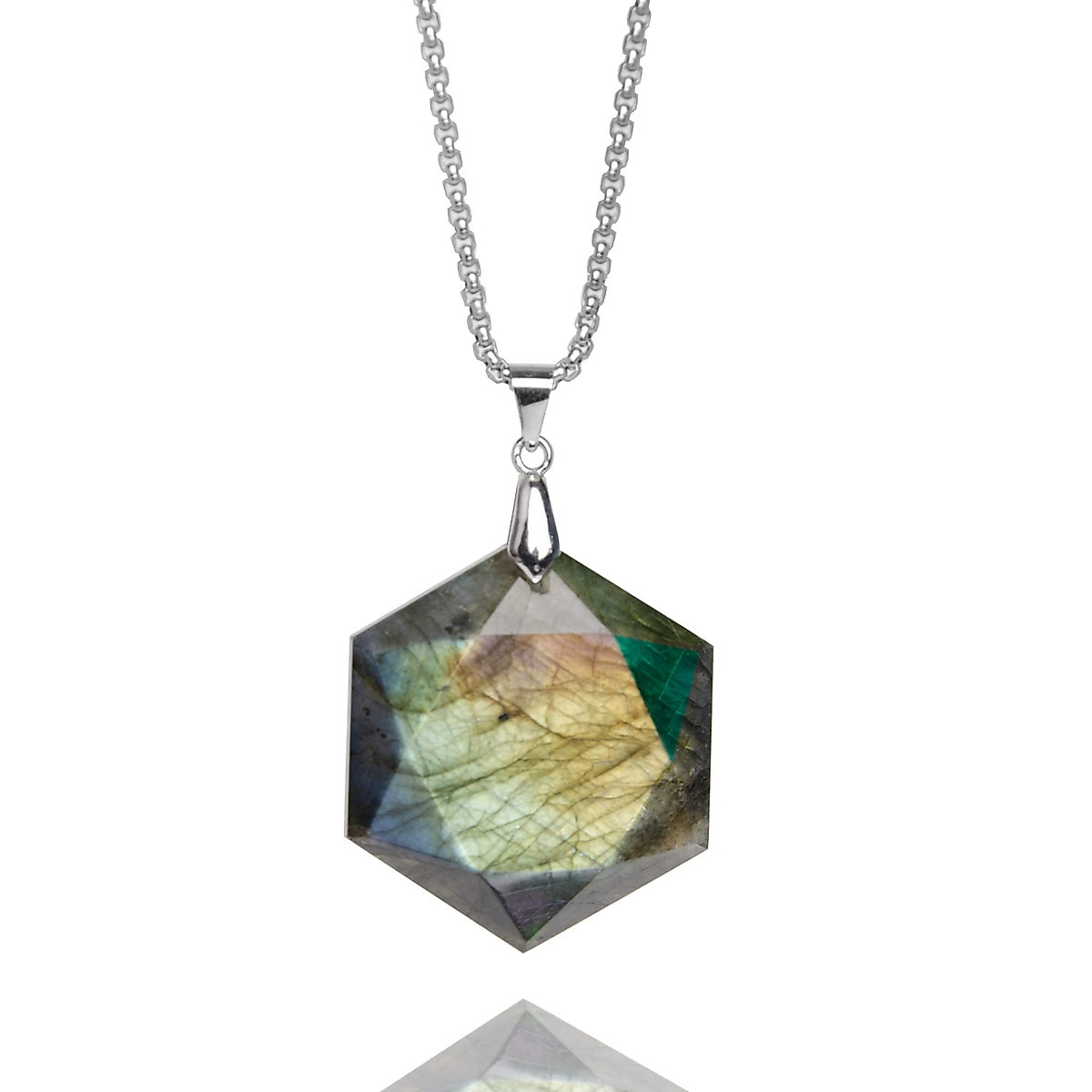 Labradorite Stone Dragons Heart Pendant Necklace, Natural Labradorite Hexagon Wrap Necklace for Men Women, Healing Crystal Energy Necklace