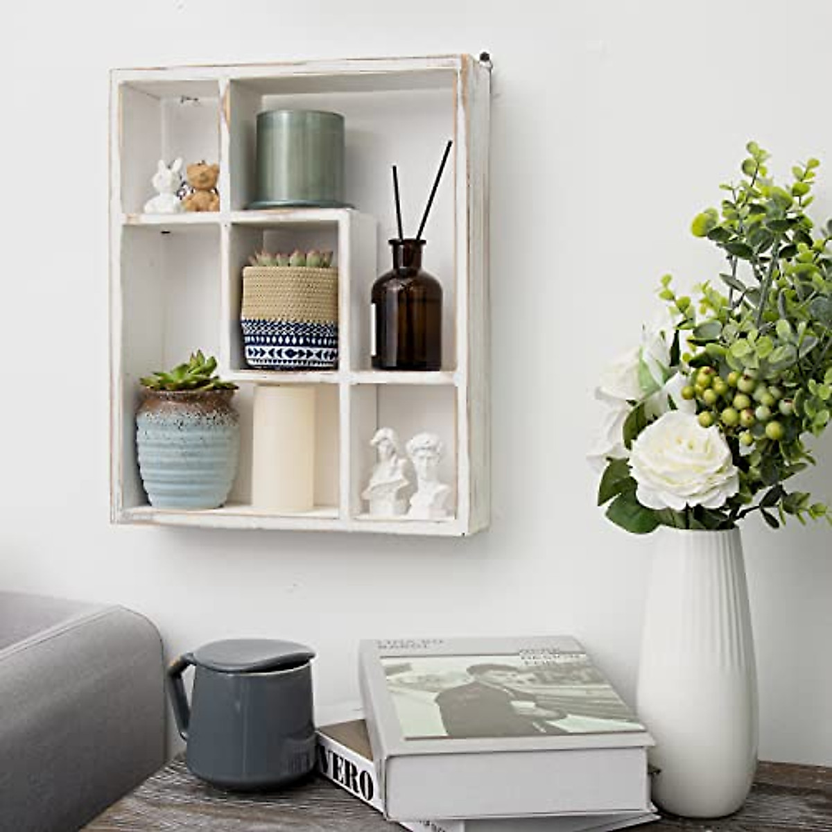 MyGift Wall Mounted Whitewashed Wood Collectible Display Cubby Shelf with 5 Compartments - Hang Vertical or Horizontal