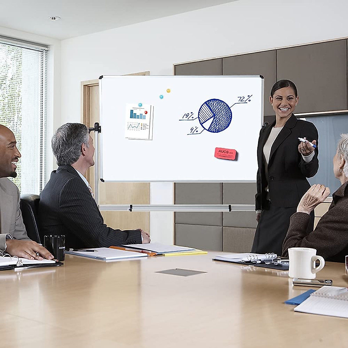 VIZ-PRO Double-Sided Magnetic Mobile Whiteboard, 48 x 36 Inches, Aluminium Frame and Stand