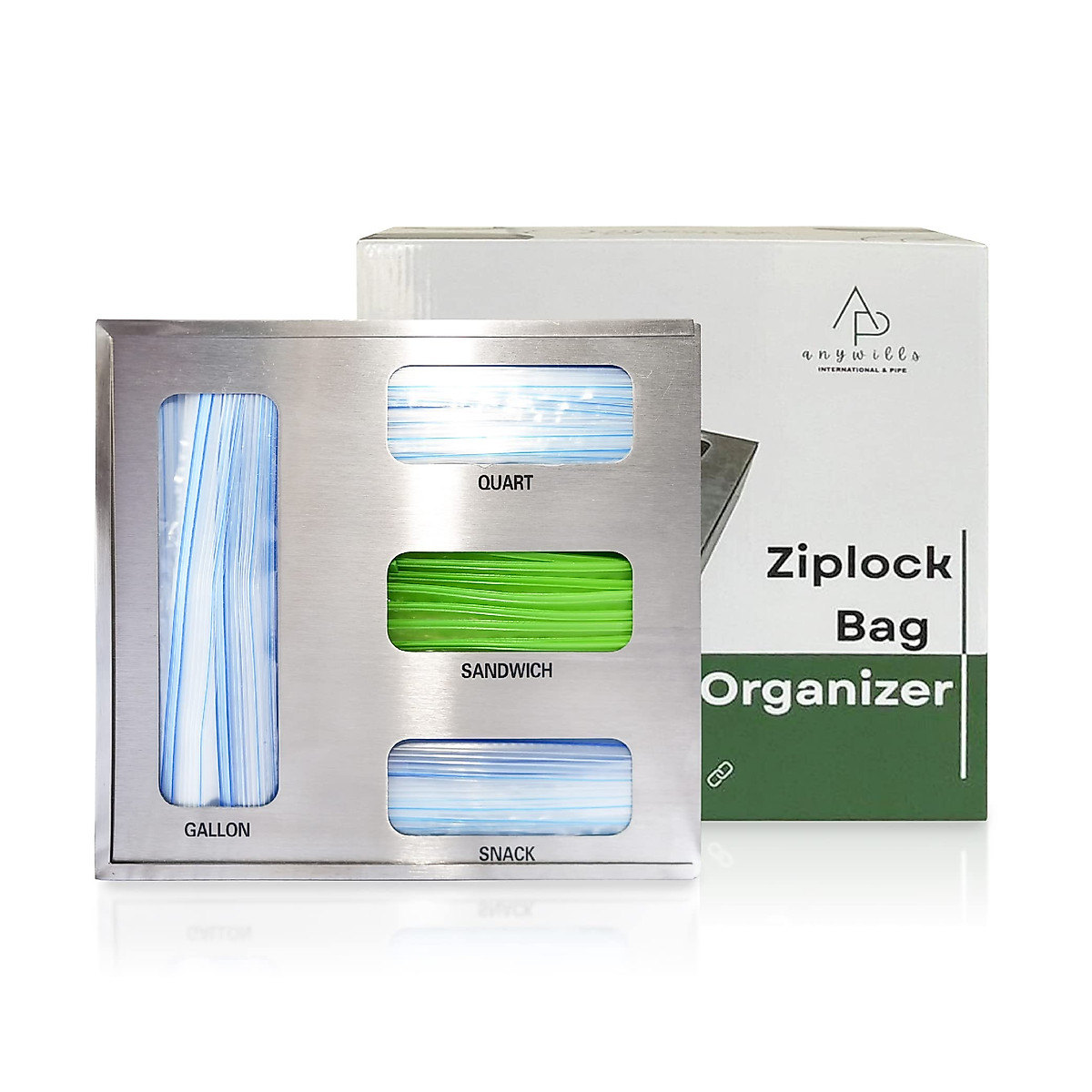 Anywills Ziplock Bag Storage Organizer for Kitchen Drawer, Stainless Steel Ziplock Bag Organizer for Drawer Compatible with Gallon, Quart, Sandwich and Snack Variety Size Bag (1 Box 4 Slots)