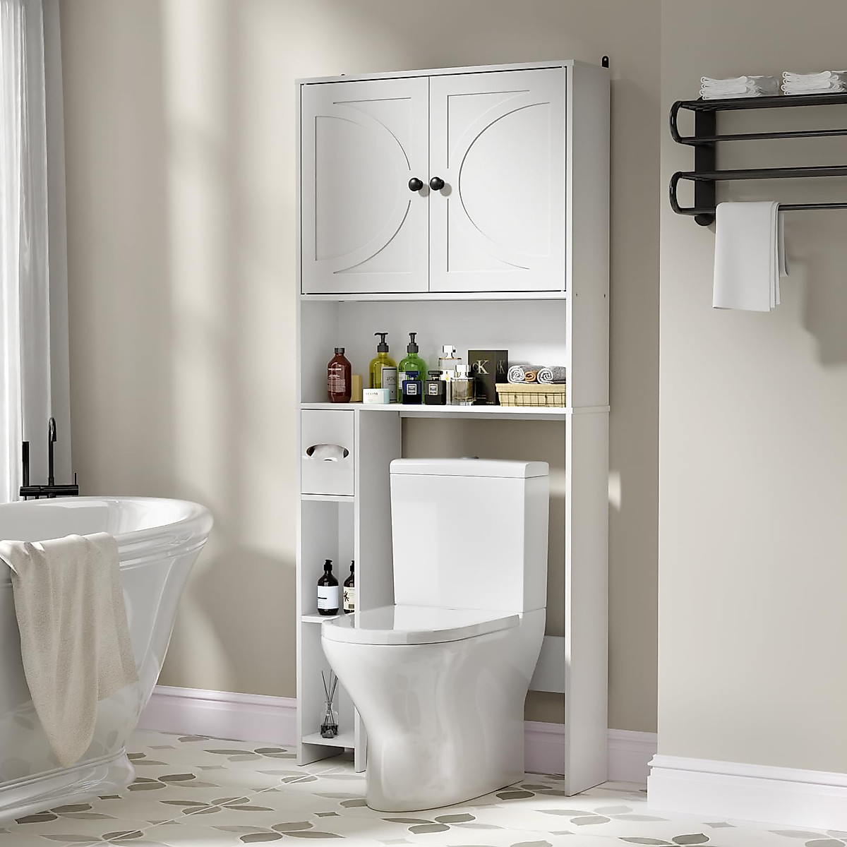 infurnic Over The Toilet Storage Cabinet, Farmhouse Wooden Bathroom Storage Organizer Bathroom Shelf, Freestanding Toilet Storage Rack Space Saver for Bathroom, Restroom, Laundry White