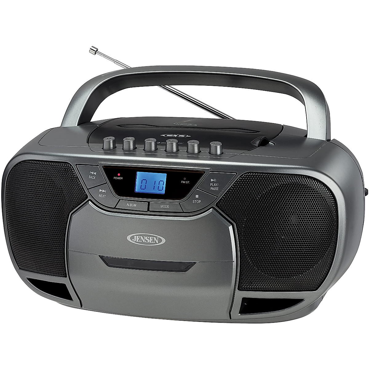 JENSEN CD-590-GR CD-590 1-Watt Portable Stereo CD and Cassette Player/Recorder with AM/FM Radio and Bluetooth (Gray)