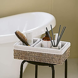 FairyHaus Seagrass Storage Baskets with Liner, Natural Small Seagrass Baskets, Hand-woven Nesting Wicker Baskets Set for Shelves Rectangle 3Pack (L+M+S)