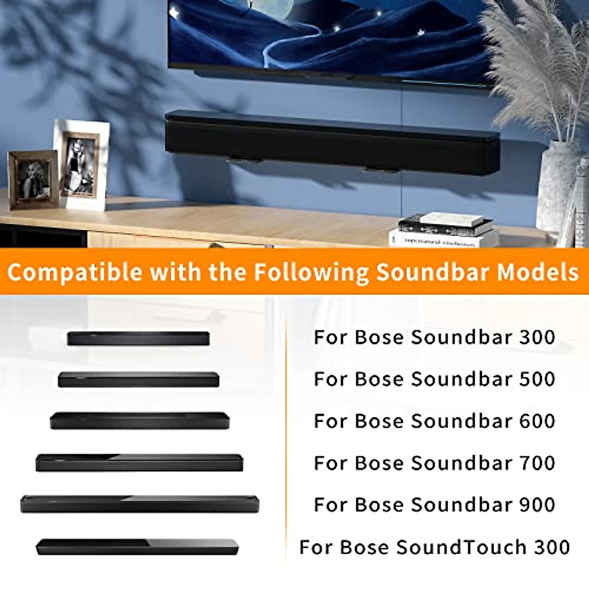 Soundbar Wall Mount for Bose WB-300 SoundTouch 300 Soundbar 500 Soundbar 600 Soundbar 700 Soundbar 900 Soundbar Mount, Sound Bar Mount for Bose Soundbar Mounting Bracket Under TV with Hardware Kit