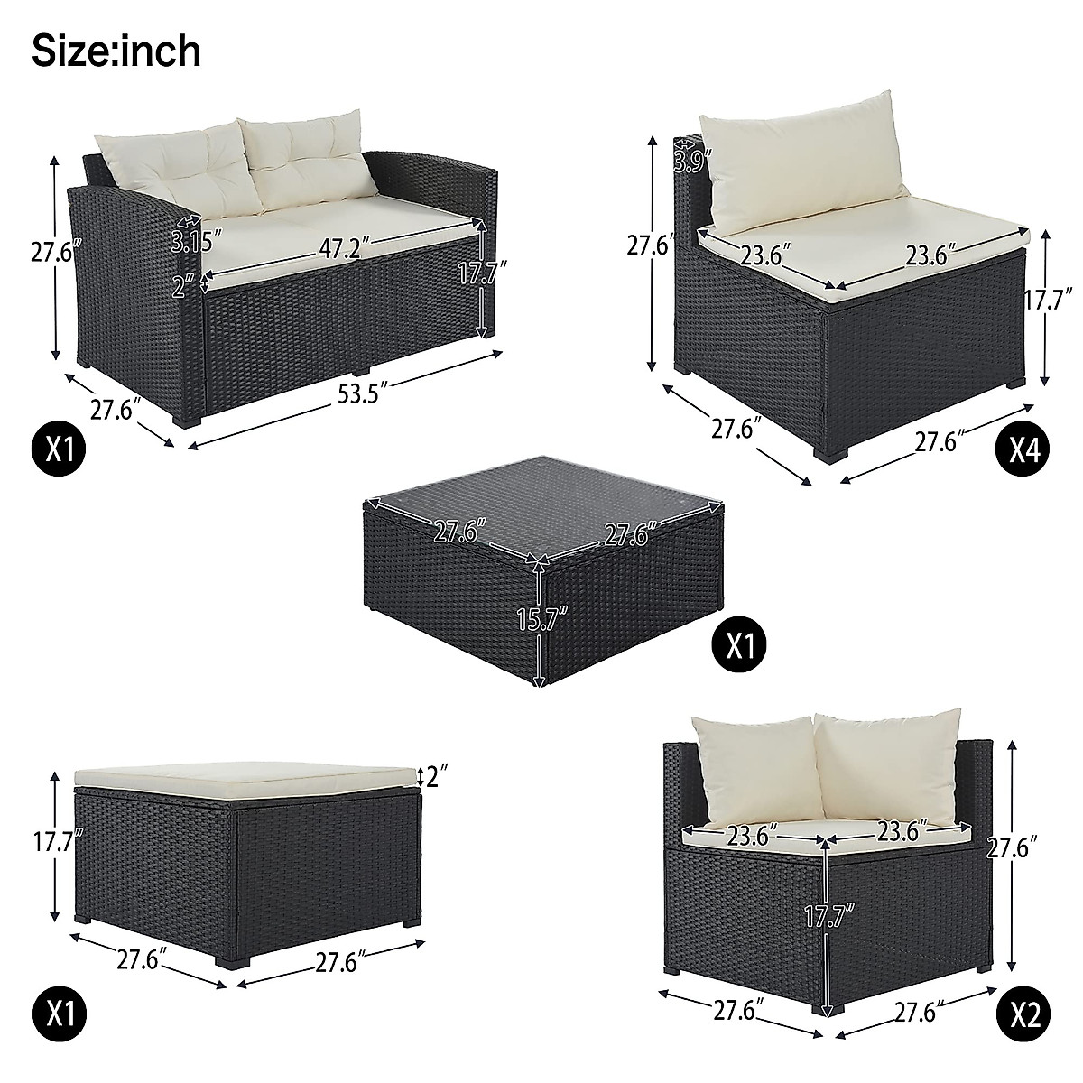 Modern Design 9 Piece Outdoor Large Wicker Sofa Set, Conversation Sectional Couch with Ottoman and Coffee Table, PE Wicker Rattan Furniture Set for Patio Balcony Backyard (Beige + Wicker-9-piece-1)