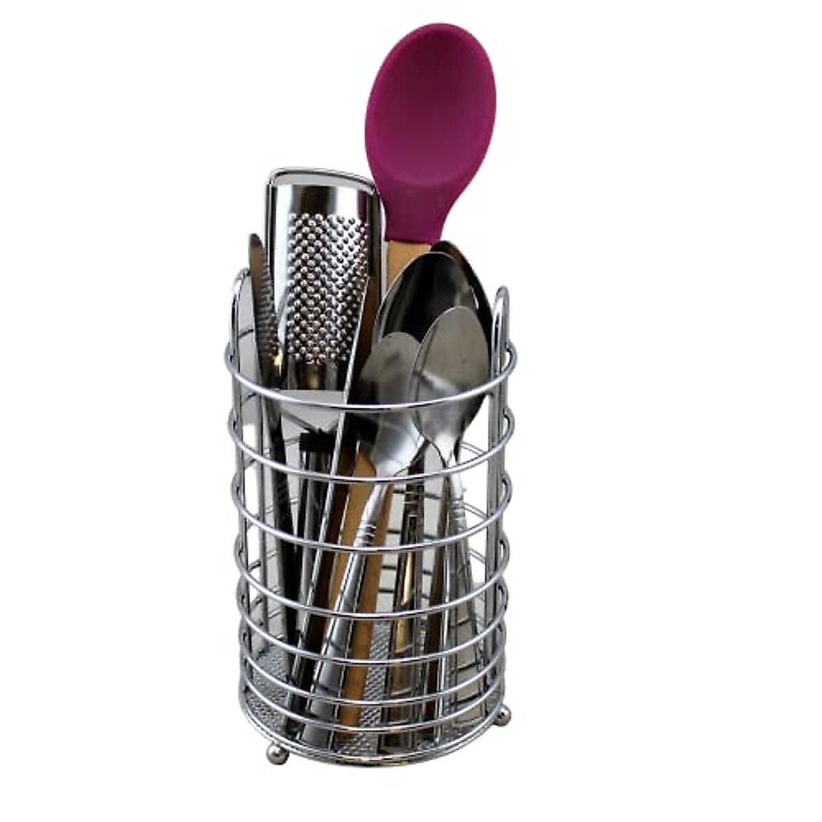 Dependable Kitchen Cutlery Holder Utensil Caddy Mesh Bottom Silver Chrome Finish (Silver)
