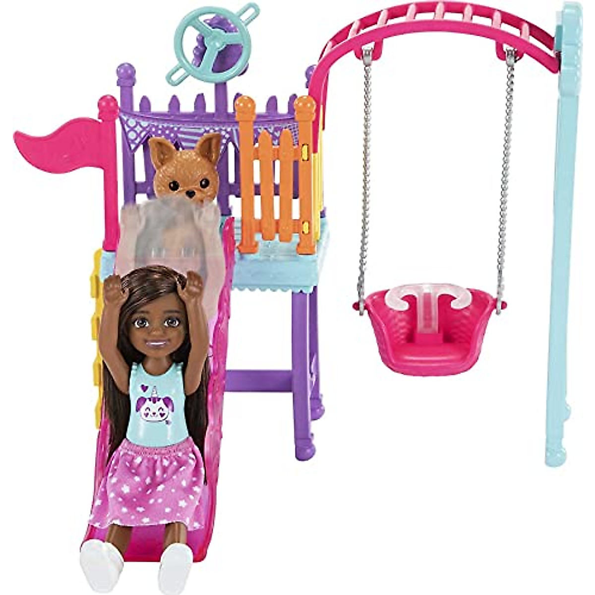Barbie Chelsea Swing Set Playset with Chelsea Doll (6 in Brunette) Wearing Star-Print Skirt, Pet Puppy, Swing & Slide, Gift for 3 to 7 Year Olds