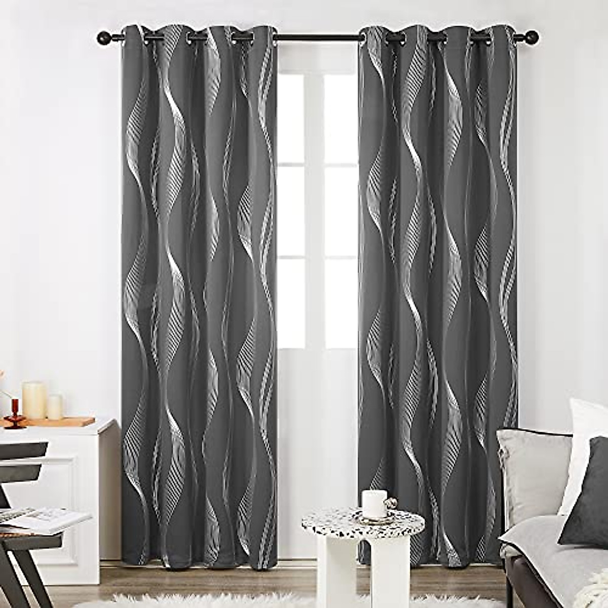 Deconovo Blackout Curtains for Bedroom 84 Inches Long,Wave Foil Print Room Darkening Black Out Curtains for Living Room, 2 Panels Set, 52 by 84 Inch, Dark Grey