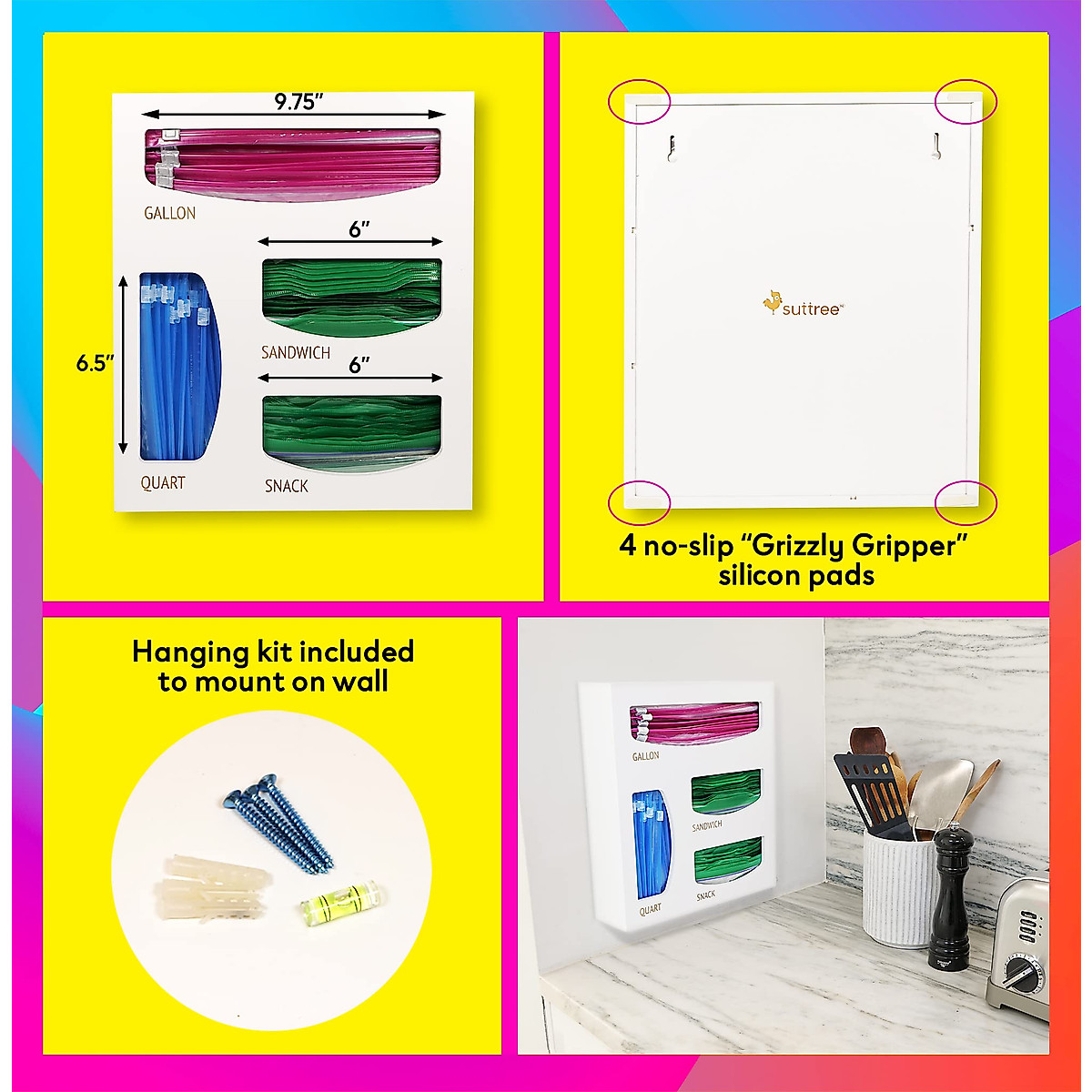 SUTTREE Colossal Coordinator White Bamboo Plastic Bag Organizer for Drawer – Holds All Slider Sandwich Bags