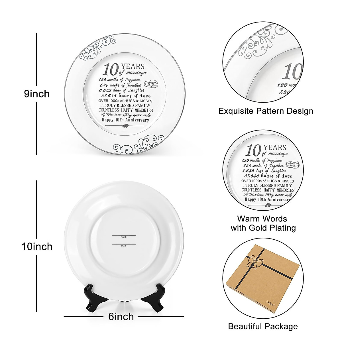 Urllinz 10th Anniversary Plate with Platinum Foil-10 Year Anniversary Wedding Gifts for Her Couples,Happy Tin Anniversary Wedding Gifts for Him,10th Anniversary Ideas Decorations,Ceramic 9 Inch