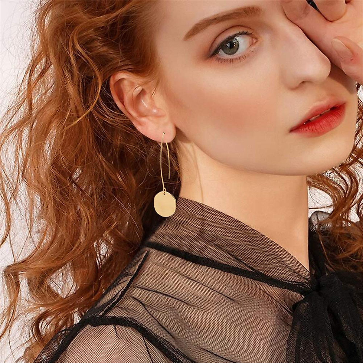 Shiny Hammering Circle Disc Small Dangle Drop Hanging Earrings Long Hoops Round Jewelry for Women (Gold Disc Earrings)