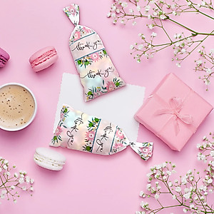 Zonon 100 Pieces Thank You Cellophane Bags Blessing Treat Bags Flower Pattern Cello Treat Party Bags with 150 Pieces Silvery Twist Ties