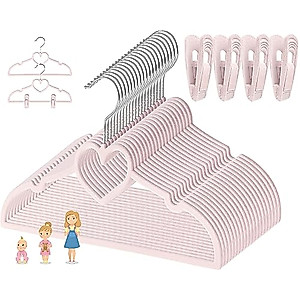 Kids Pink Velvet Clips Hangers - 13inch 50 Pack Toddler Hanger with 20pcs Movable Clips, Stackable Non-Slip Heart Flocked Hangers Fit for Baby and Children Clothes, Heavy-Duty and Space-Saving(Silver)
