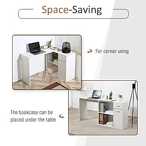 HOMCOM L Shaped Computer Desk, 180° Rotating Corner Desk with Storage Shelves, Drawer and Cabinet, Study Workstation for Home Office, White