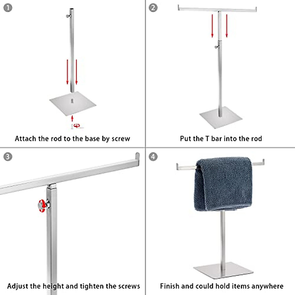 JUXYES Stainless Steel Towel Rack T-Shape Hand Towel Holder Stand, Height Adjustable Hand Towel Holder Rack for Bathroom Vanity Countertop, Brushed Finish