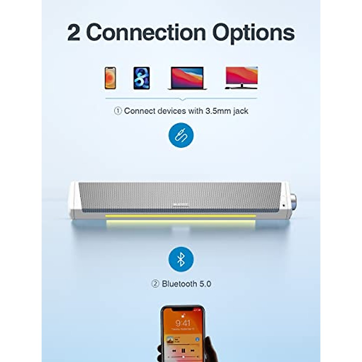 Computer Speakers, Bluetooth Computer Soundbar, HiFi Stereo, 3.5mm Aux-in Connection, USB Powered Computer Speakers for Desktop Monitor, PC, Laptop, Tablets