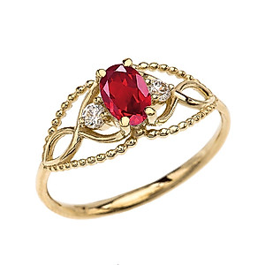 10k Yellow Gold Elegant Beaded Solitaire Ring With Ruby and White Topaz (Size 9)
