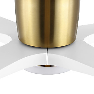 WINGBO 60 Inch Flush Mount DC Ceiling Fan with Lights and Remote, 4 Reversible Carved Wood Blades, 6-Speed Noiseless DC Motor, Hugger Ceiling Fan in Brass Finish with White Blades, ETL Listed