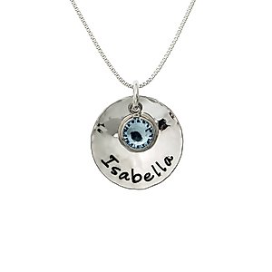 Sterling Silver Personalized Domed and Hammered One Name Necklace. Customize with Your Choice of Characters. Hammered Finish. Includes 925 Chain and Swarovski Birthstone. Gifts for Her, Mother, Wife