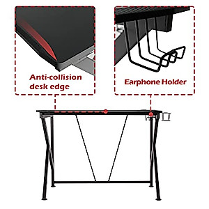 LYNSLIM Gaming Desk 39 Inch – Computer Deak for Home, K Shaped PC Gaming Table, Ergonomic Gamer Desk with Headphone Hook, Cup Holder and Cable Management (Black)