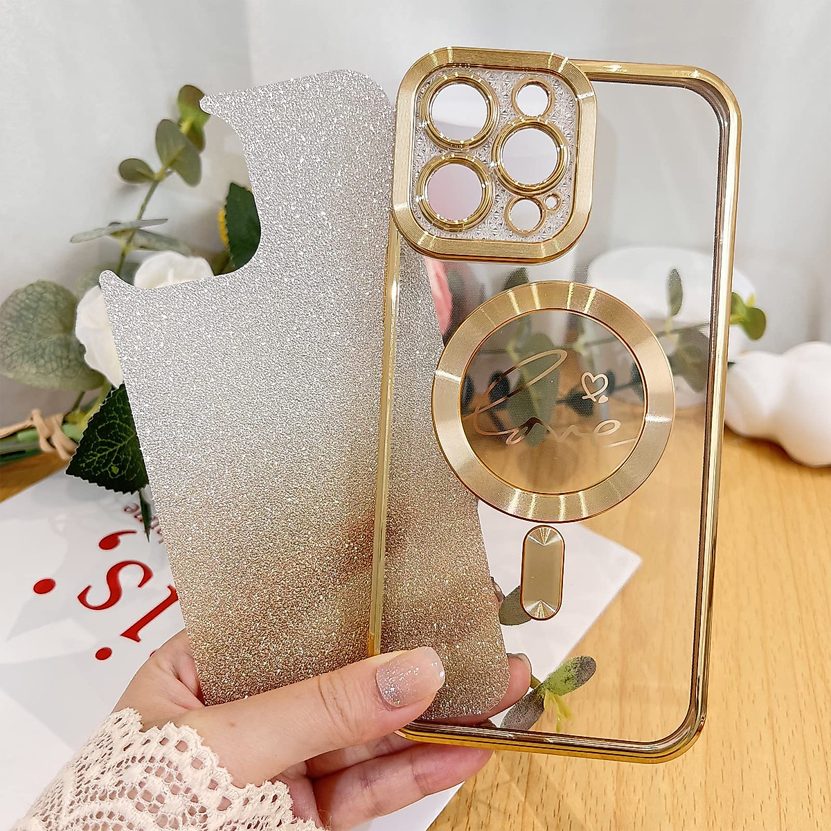KANGHAR Magnetic Glitter Case for iPhone 13 Pro Max Case 6.7 Inch, Clear Plating Love Heart Pattern Design [Compatible with Magsafe Charging] Camera Protection Soft Cover for Women Girls (Gold)