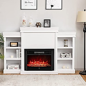 Tangkula 70" Mantel Fireplace TV Stand, 750W/1500W Electric Fireplace Heater Insert Cabinet w/Remote Control, 1-8H Timer, 5-Brightness & 3-Color Flame, Media Console Center w/Open Shelves (White)