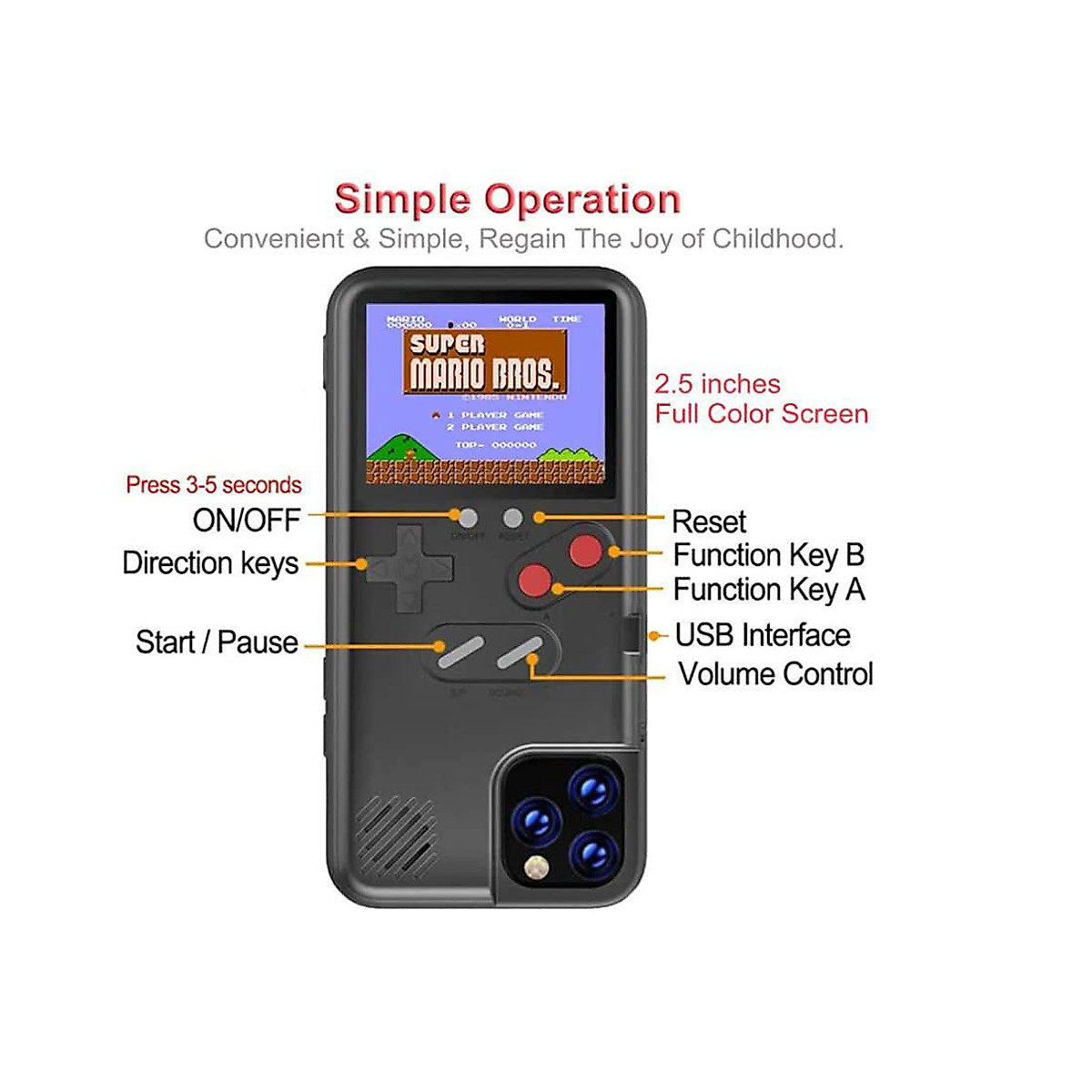 WODETIA Compatible with iPhone 13 / 13Pro / 13 Pro Max Game Console Case Retro Gameboy Case Color Screen Game Phone Case,Black,13pro max