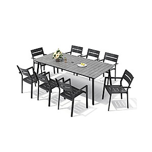JOINHOM 9 Piece Patio Dining Table & Chair Set - Outdoor All Aluminum Patio Furniture Sets with Waterproof, Rust-Proof, Patio Rectangle Table with Umbrella Hole for Deck, Garden, Backyard, All Weather