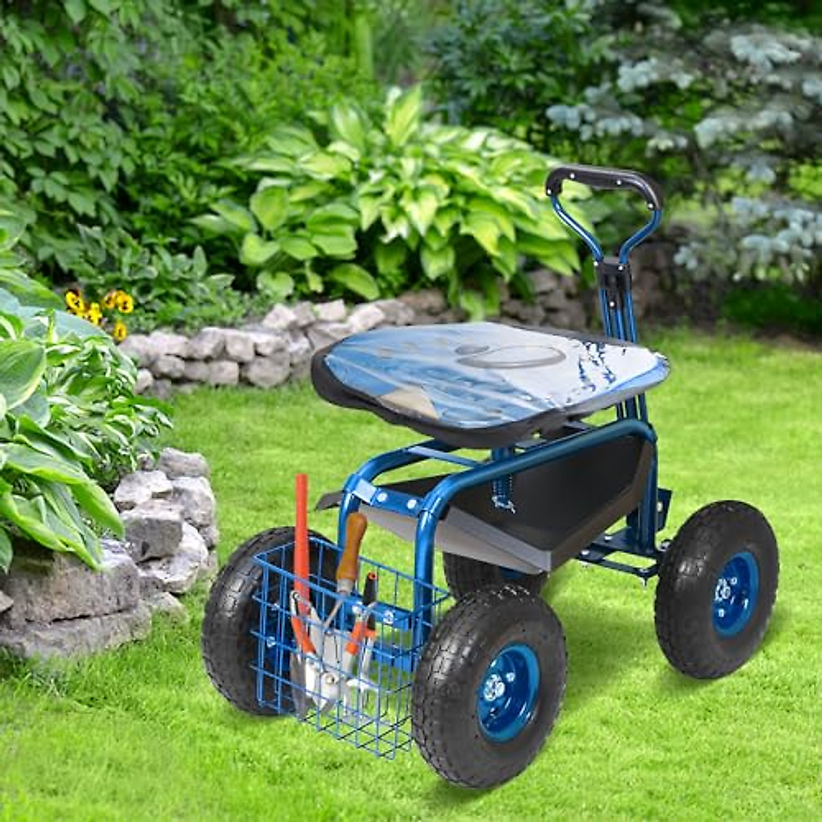 VEVOR Rolling Garden Work Seat with Wheels, Gardening Stool for Planting, 360 Degree Swivel Seat, Garden Scooter with Steering Handle & Tool Tray, Garden Chair for Outdoor, Patio and Yard, Blue