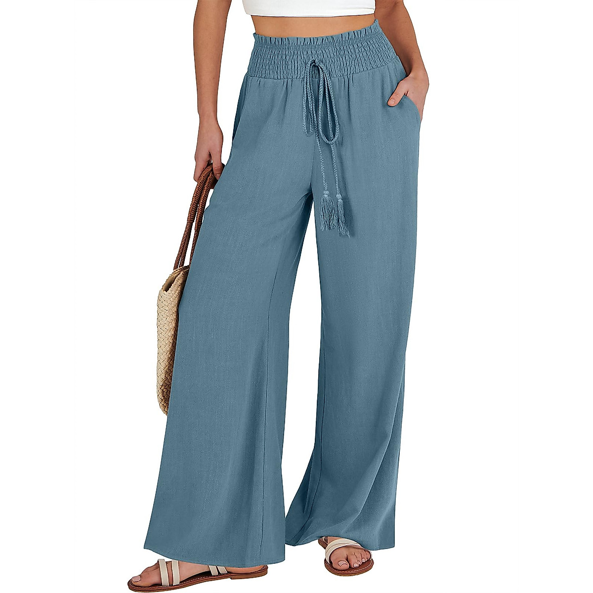ANRABESS Women's Linen Pants Summer Casual Palazzo Beach Pant Drawstring High Waist Wide Leg Trousers Vacation Outfits Small Lake Blue