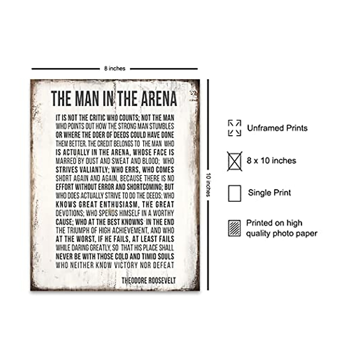 Teddy Roosevelt Man in the Arena Inspirational Quote Wall Art Print - Rustic 8x10 Sign Poster Photo - Home, Dorm, Office Decor - Motivational Gift for Entrepreneur, Graduation, Student - Unframed