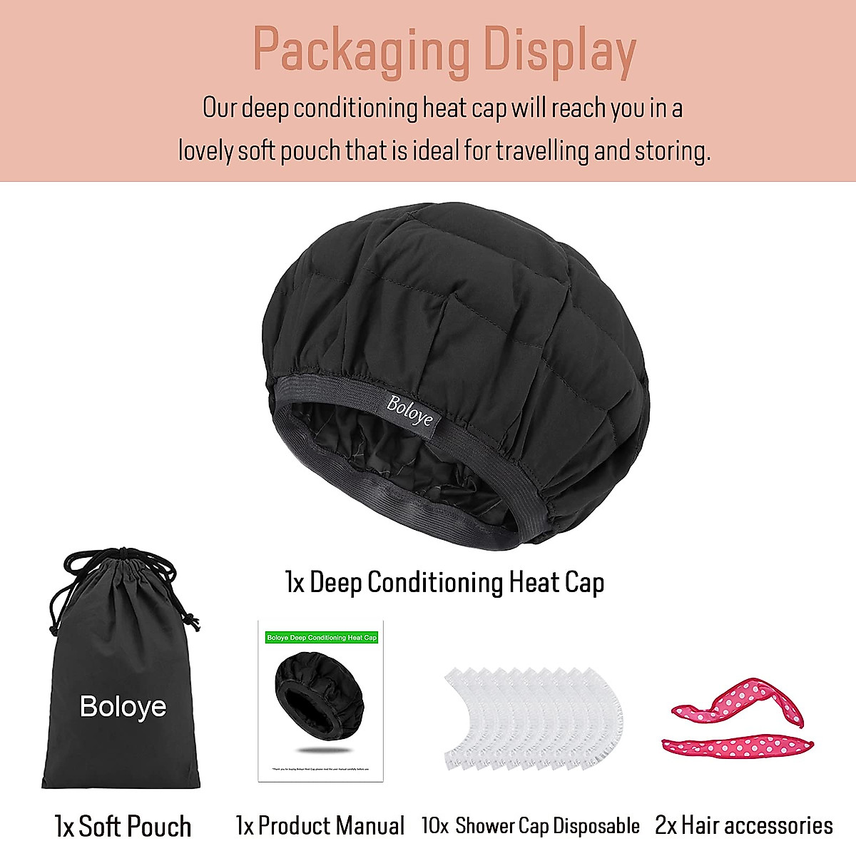 Flaxseed Deep Conditioning Heat Cap - Boloye Cordless 100% Safe Microwave Hot Cap for Natural Curly Textured Hair Care, Drying, Styling, Curling, Universal size (10 PCS One-time shower cap) (Black)