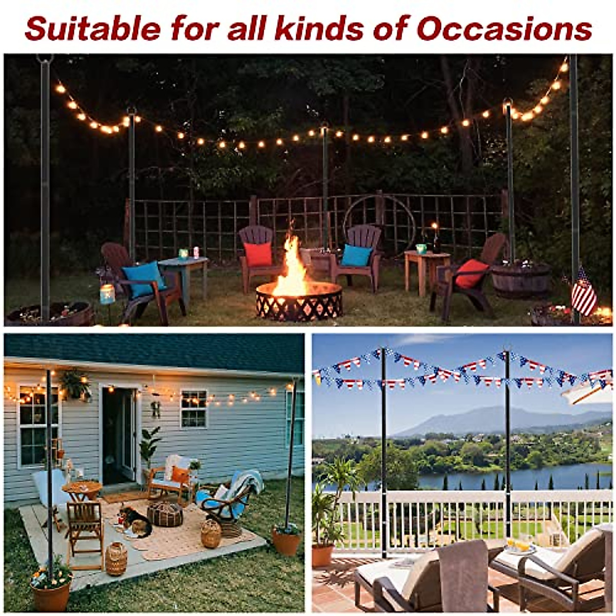 KULAMOON 2 Pack 9.5 FT Outdoor Patio String Light Poles with Hooks for Outdoor String Lights, Poles for Garden, Backyard, Patio, Lights Poles for Parties, Wedding Christmas Decorations