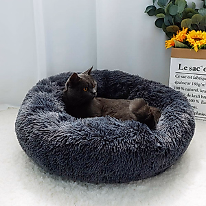 otoez Kitten Puppy Anti-Anxiety Plush Pet Calming Donut Bed With Non-Slip Waterproof Bottom, Washable Small Round Dog Cat Bed (19.7", Dark Grey)
