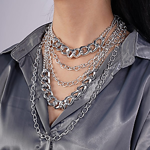 YERTTER Punk Multi-Layered Cuban Curb Chunky Chain Silver Choker Necklace Thick Choker Hip Hop Street Eboy Choker Necklace Gift