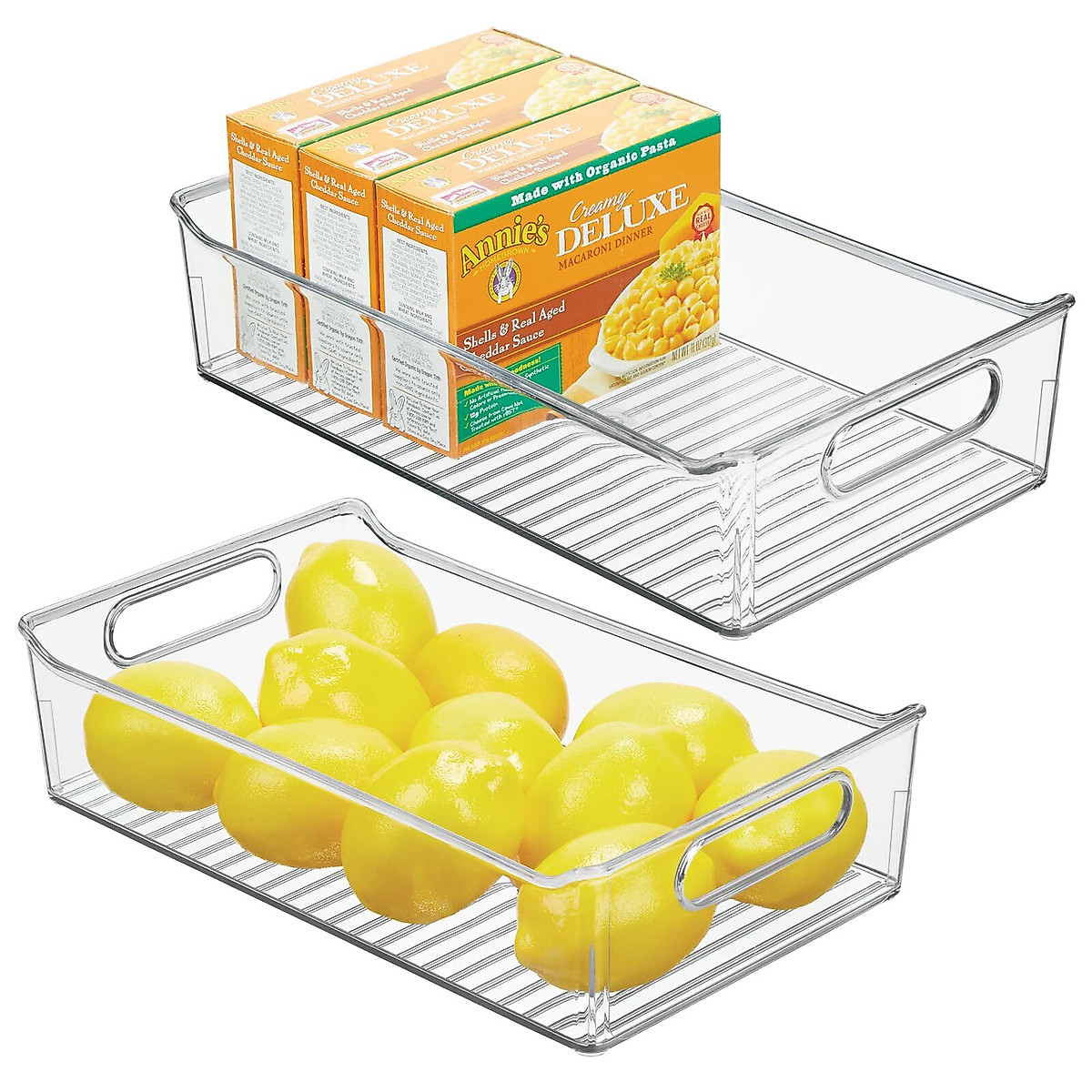 mDesign Slim Plastic Kitchen Storage Container Bins with Handles -Organization in Pantry, Cabinet, Refrigerator or Freezer Shelves - Food Organizer for Fruit, Yogurt, Squeeze Pouches - 4 Pack - Clear