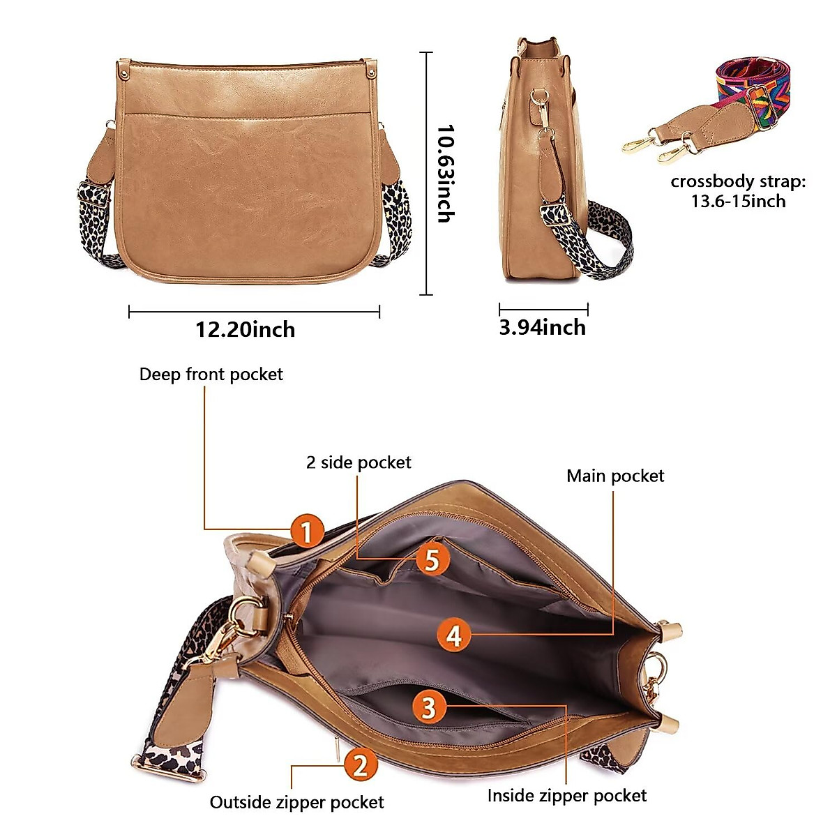 AUYOCO Vegan Leather Crossbody Bags for Women, Crossbody Purse with 2 Guitar Straps Zipped Pockets Handbag Shoulder Bag