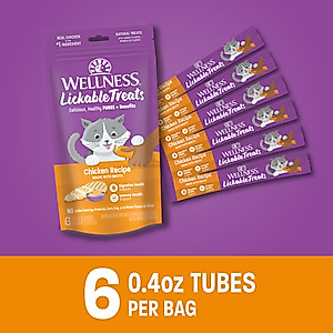Wellness Lickable Treats Soft Puree Natural Grain Free Adult Cat Treats, Chicken Recipe, Contains 6-0.4 Ounce Squeezable Tubes