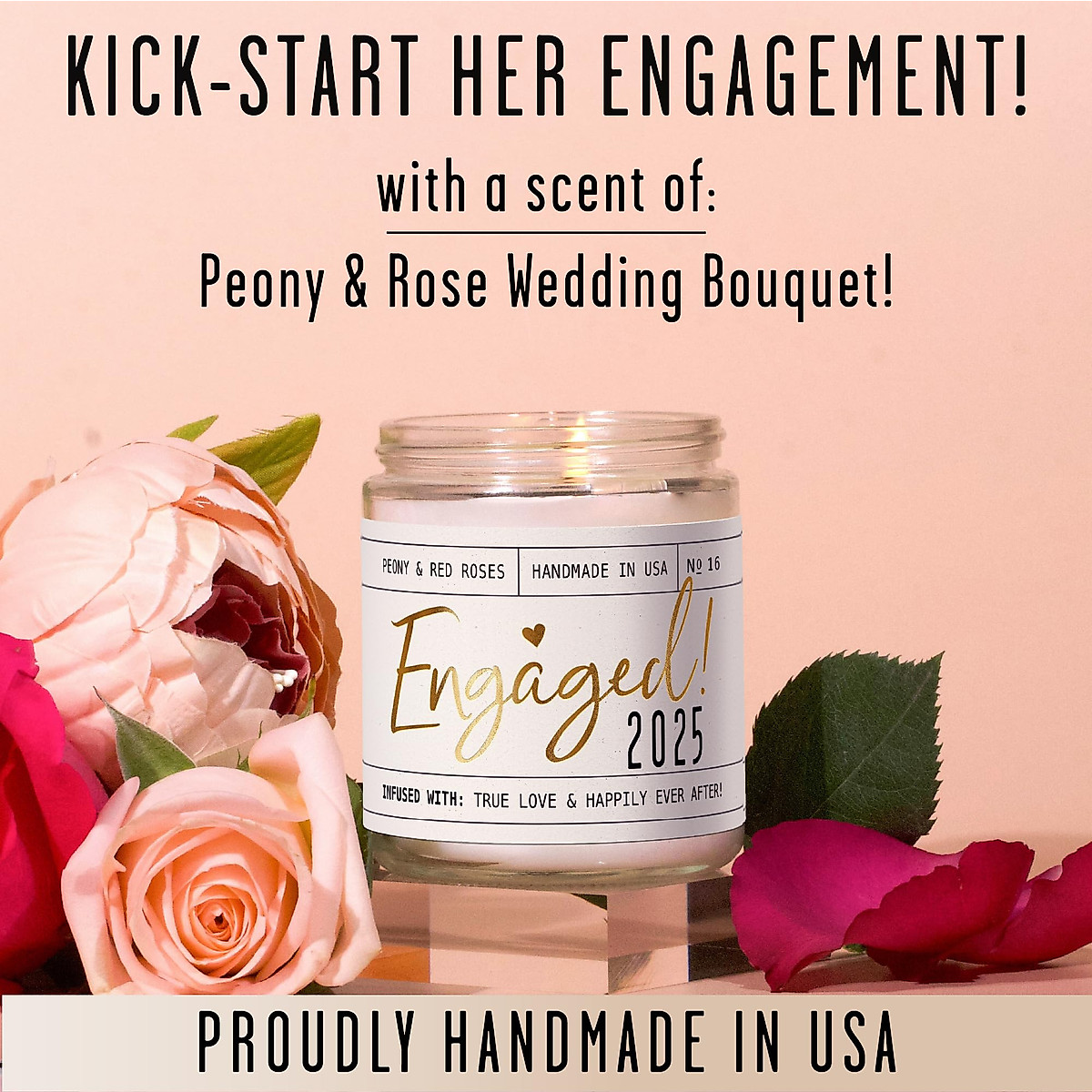 Engagement Gift, Engagement Gifts for Couples -'Engaged 2025' Candle, w/Peony & Rose Wedding Bouquet I Engagement Gifts for Her I Fiance Gifts for Women I Engaged Gifts I 50Hr Burn, USA Made