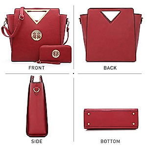 Women Handbag Cut Out Triangle Top Handle Bag Large Fashion Tote Satchel Work Purse (7464 Burgundy + Matching Wallet)