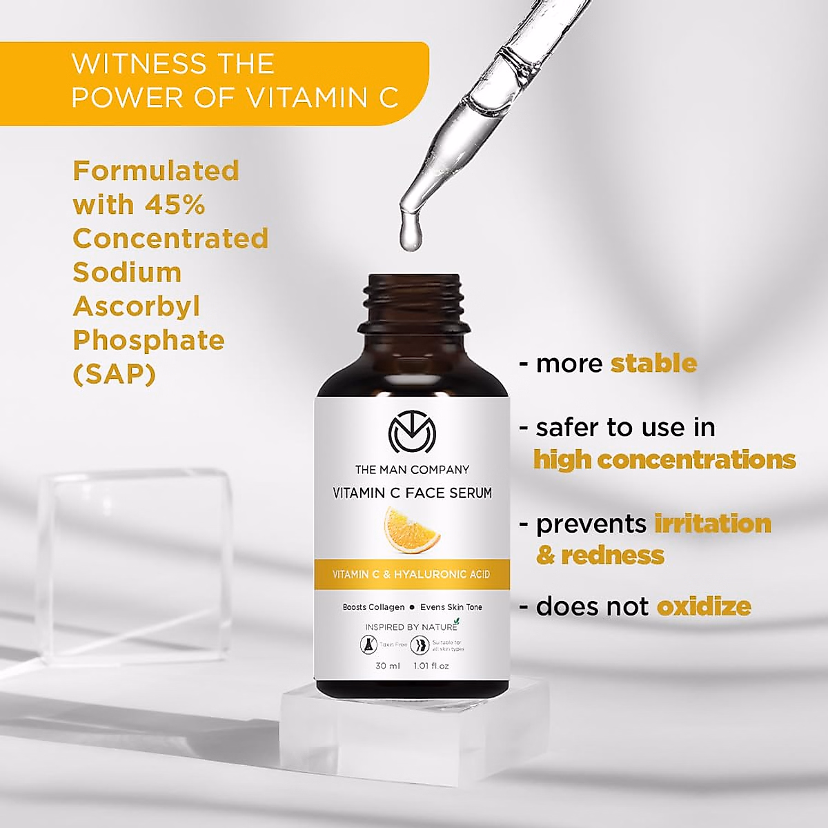 The Man Company 40% Vitamin C Face Serum With Hyaluronic Acid | Boosts Collagen | Glowing & Brightening Skin | Soft, Smooth & Supple | All Skin Types -30ml