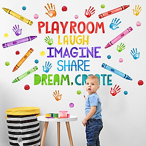 Mfault Playroom Wall Decals Stickers, Crayon Handprint Polka Dots Inspirational Quote Nursery Decorations Daycare Art, Laugh Imagine Share Dream Create Toddler Kids Room Bedroom School Classroom Decor