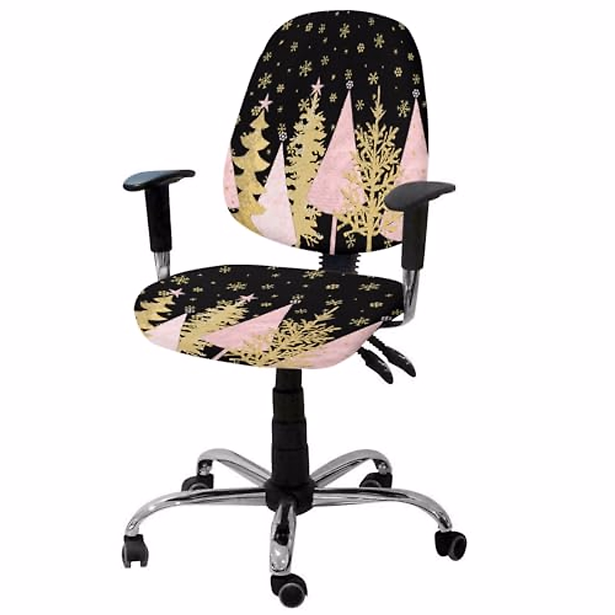 Christmas Tree Office Chair Cover Stretchable Computer Chair Seat Cover Backrest Slipcovers, Stretchable Rotating Desk Chair Seat Cushion Split Protectors Snowflake Gold Pink Modern Geometric
