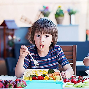 Bento Lunch Box Kids Children, Lunchbox with 4 compartments, Spoon, Fork and Fruit Picks, Blue Food Containers for Boys, Daycare/Travel/School, Leak-Proof, BPA-Free, Microwave/Dishwasher/Freezer Safe