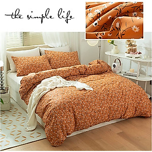 LifeTB Garden Style Orange Floral Duvet Cover King Boho Flower Botanical Bedding Sets Burnt Orange Pumpkin Color Comforter Cover 100% Cotton Floral Bedding Sets 1 King Duvet Cover with 2 Pillowcases