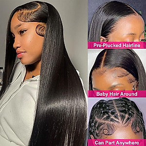 Iris Queen 13x4 HD Straight Lace Front Wigs Human Hair Pre Plucked 12A 180 Density Transparent Lace Frontal Human Hair Wigs for Black Women with Baby Hair Natural Black Color (20 inch)